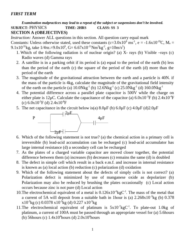 First Term PHYSICS SS3 Exam | PDF | Inductor | Transformer
