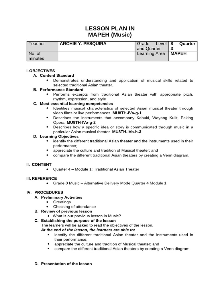 Grade 8 MAPEH Lesson: Asian Theater Music | PDF | Theatre | Entertainment