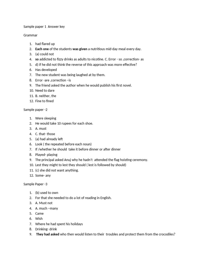 Grammar Answer Key for Sample Papers | PDF