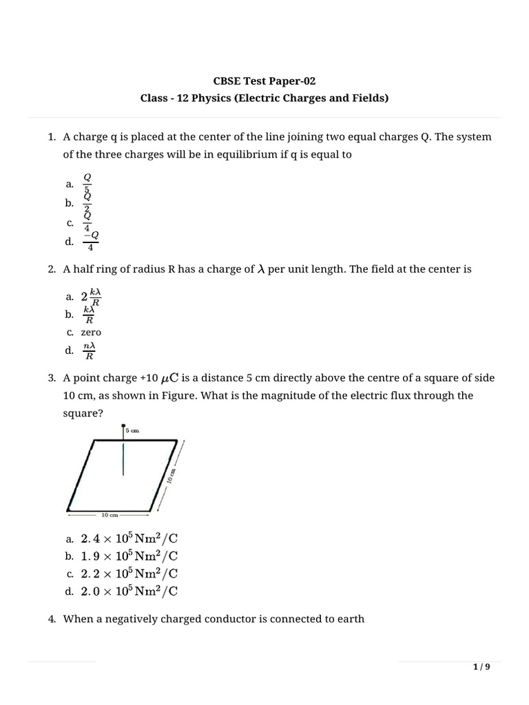 Class 12 Physics: Electric Charges Test | PDF | Flux | Electric Field