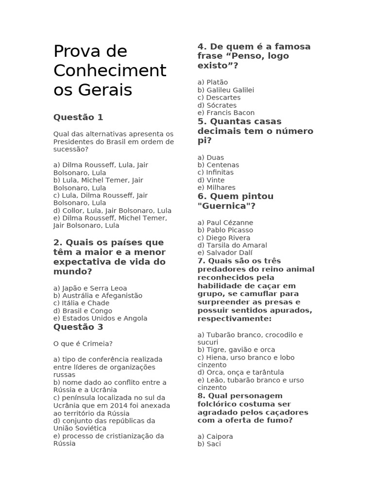 Prova de Conhecimentos Gerais | PDF | Luiz Inácio Lula da Silva