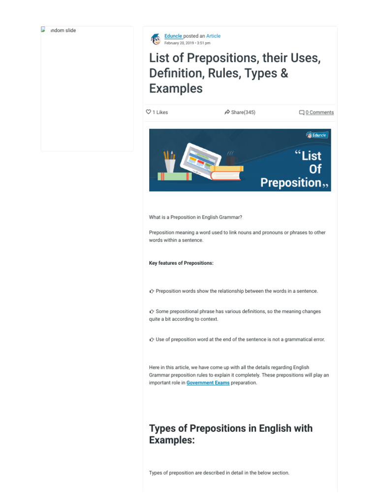 List of Prepositions, Their Uses, Definition, Rules, Types & Examples | PDF | Adverb | English ...