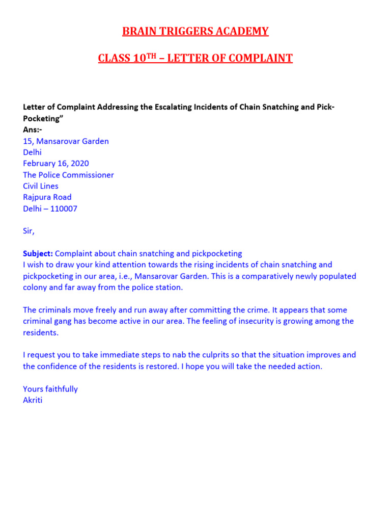 Class 10 Complaint Letter Examples | PDF | Police | Hewlett Packard