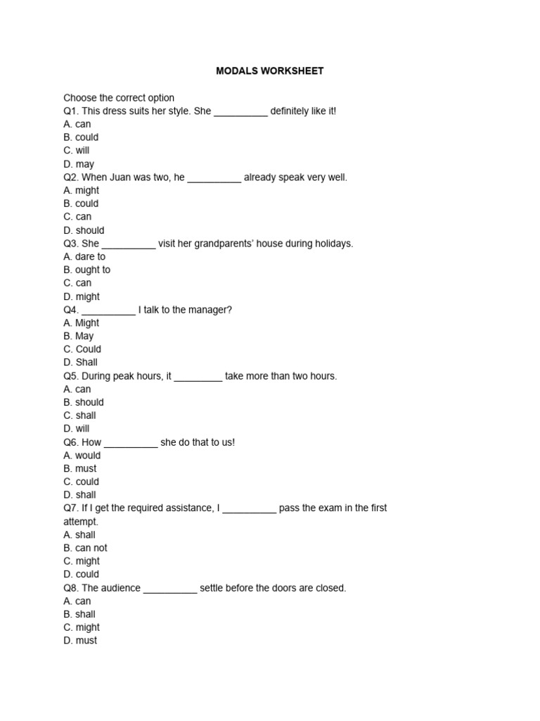 Modals Worksheet for English Practice | PDF | Meal