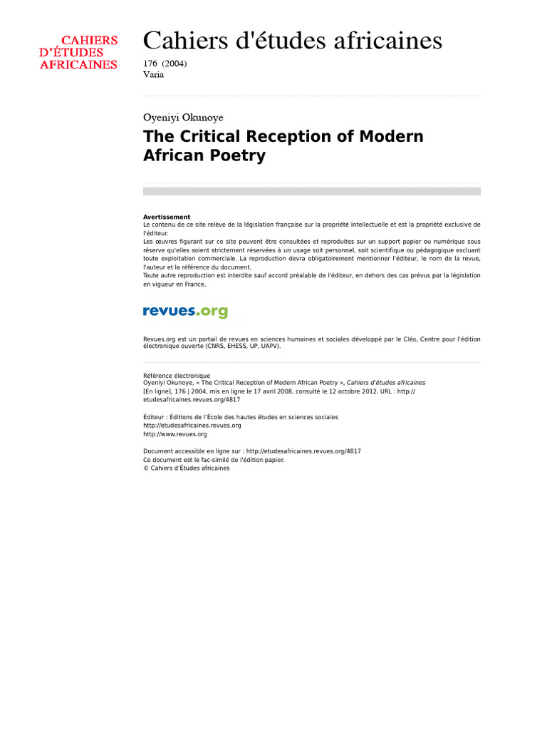 Modern African Poetry Reception Analysis | PDF | Marxism | Poetry