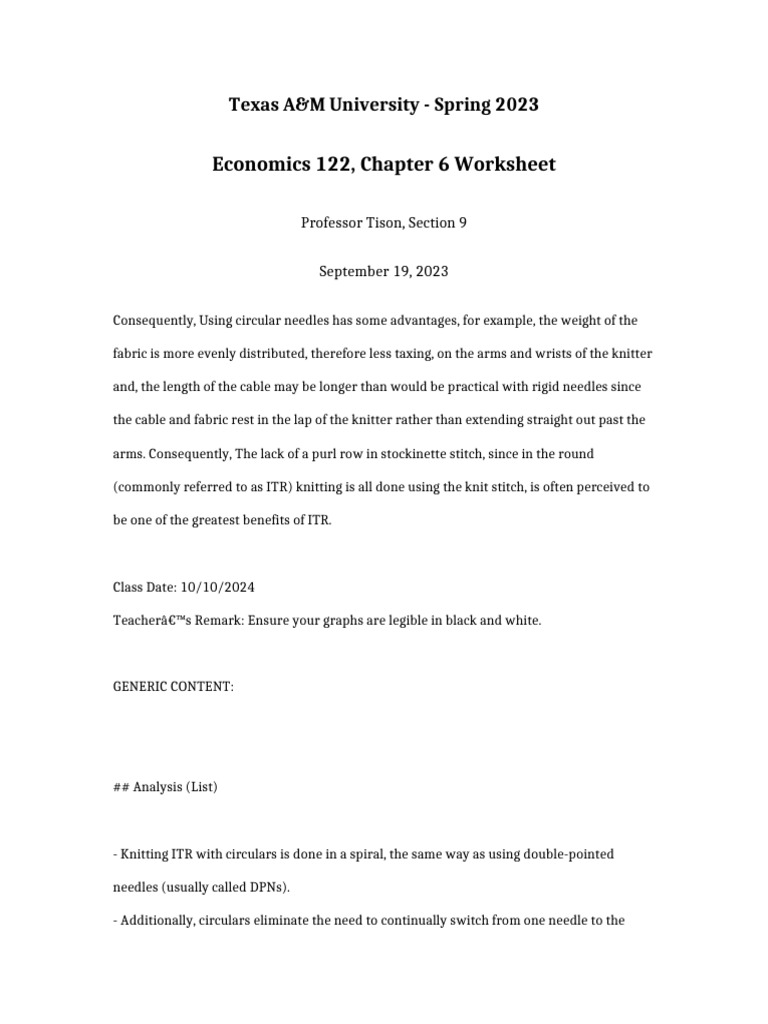 Economics 122 Chapter 6 Worksheet | PDF | Knitting Needle | Knitting