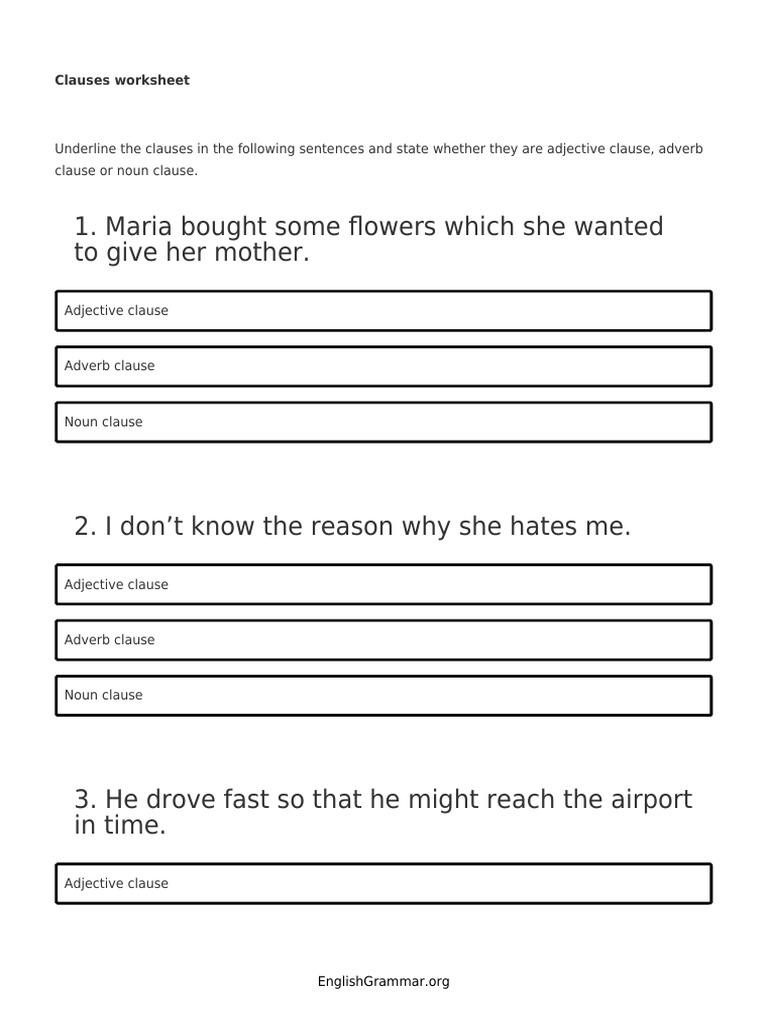 Adjective And Adverb Clauses Worksheets Pdf Clauses Exercises For