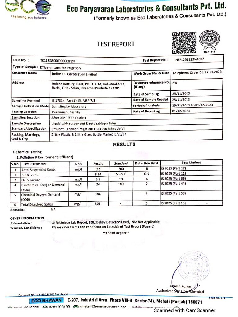 ETP Water Test | PDF