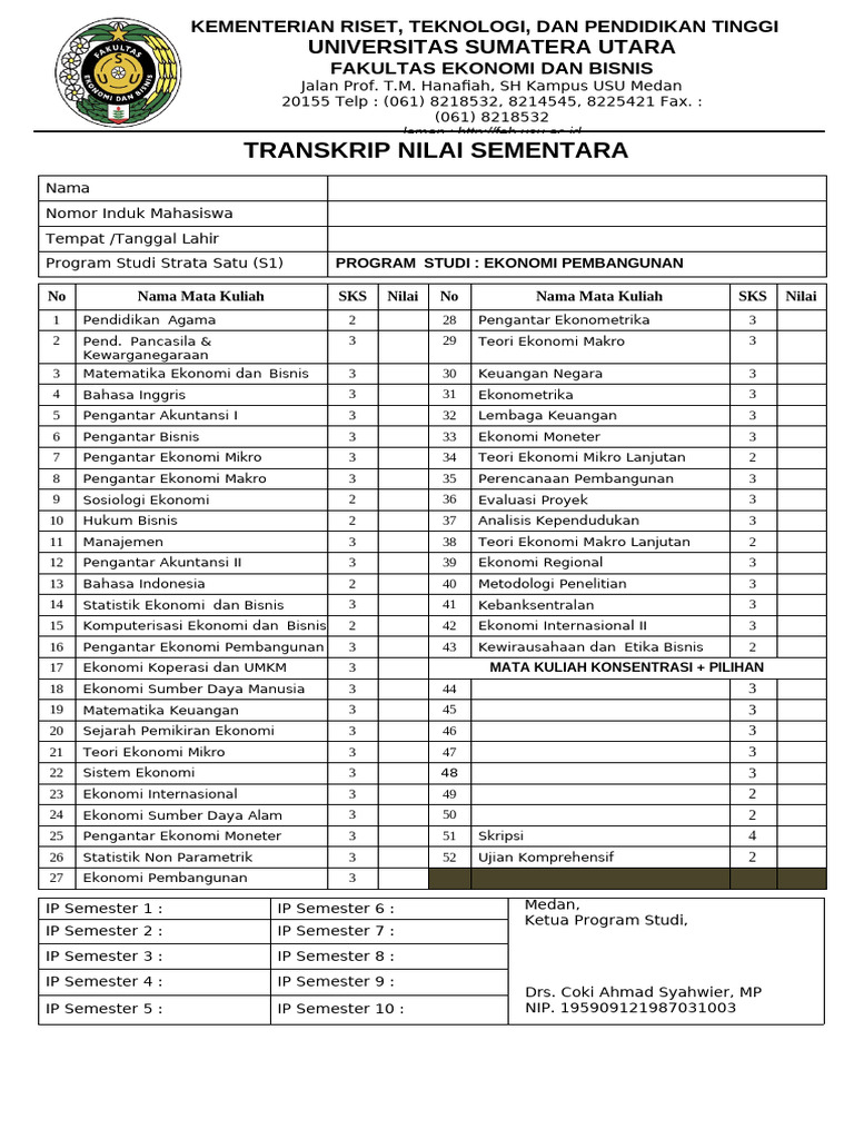 Form Kosong Transkrip Sementara | PDF
