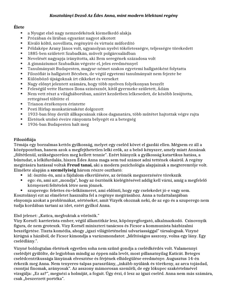 Kosztolányi Dezső Az Édes Anna, Mint Modern Lélektani Regény | PDF