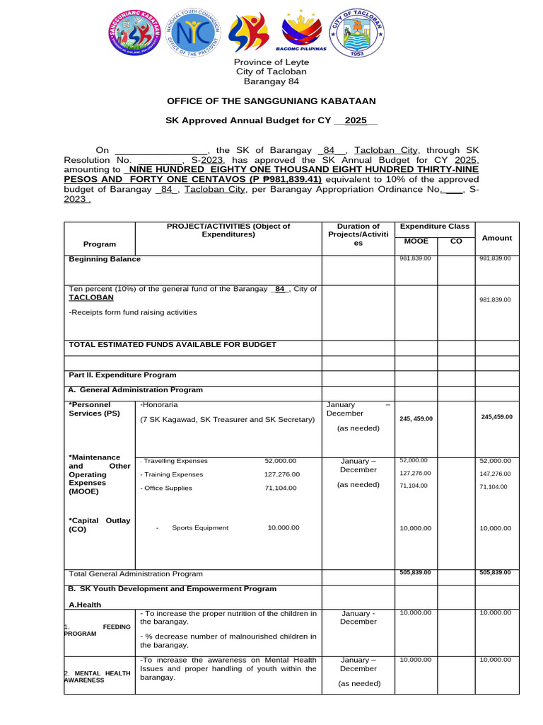 SK Annual Budget CY 2025 - Barangay 84 | PDF