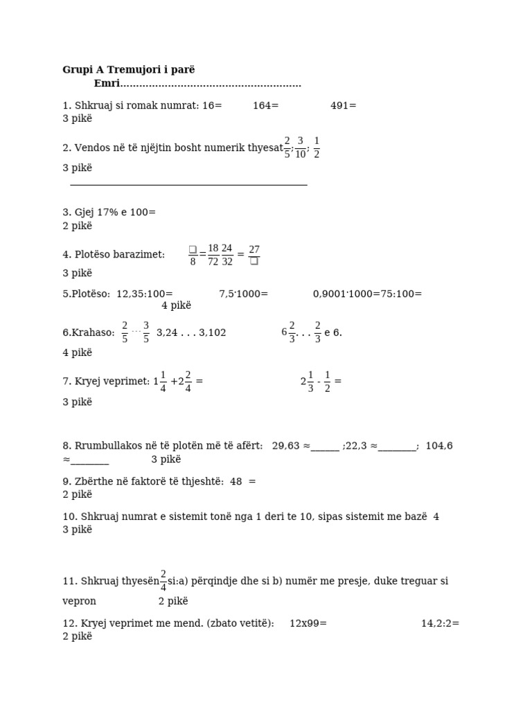 Model Testi Klasa 6 Matematike | PDF