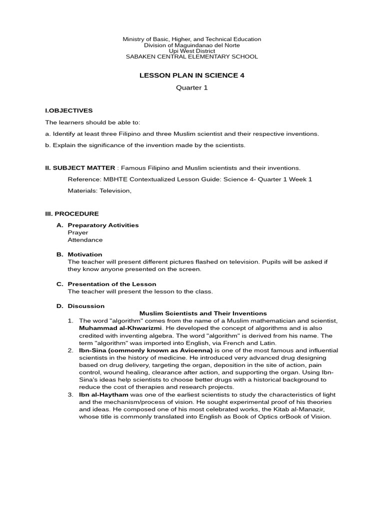 Science 4 Lesson Plan: Filipino & Muslim Scientists | PDF | Scientist ...