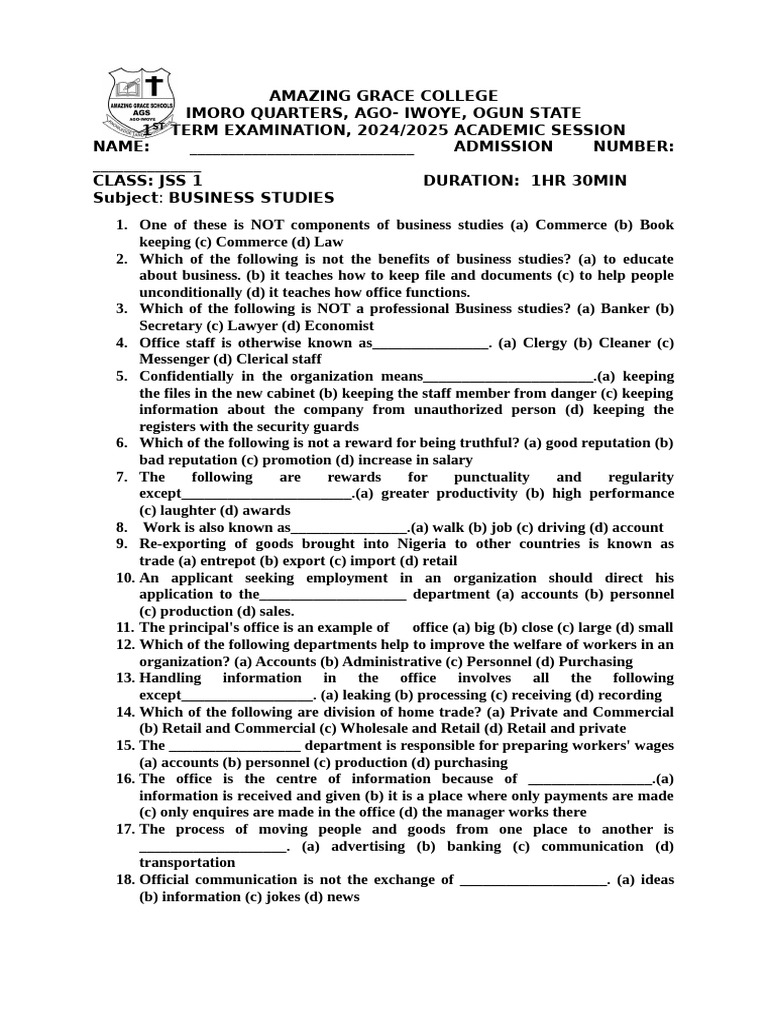 JSS1 Business Studies First Term Exam | PDF | Retail | Economies