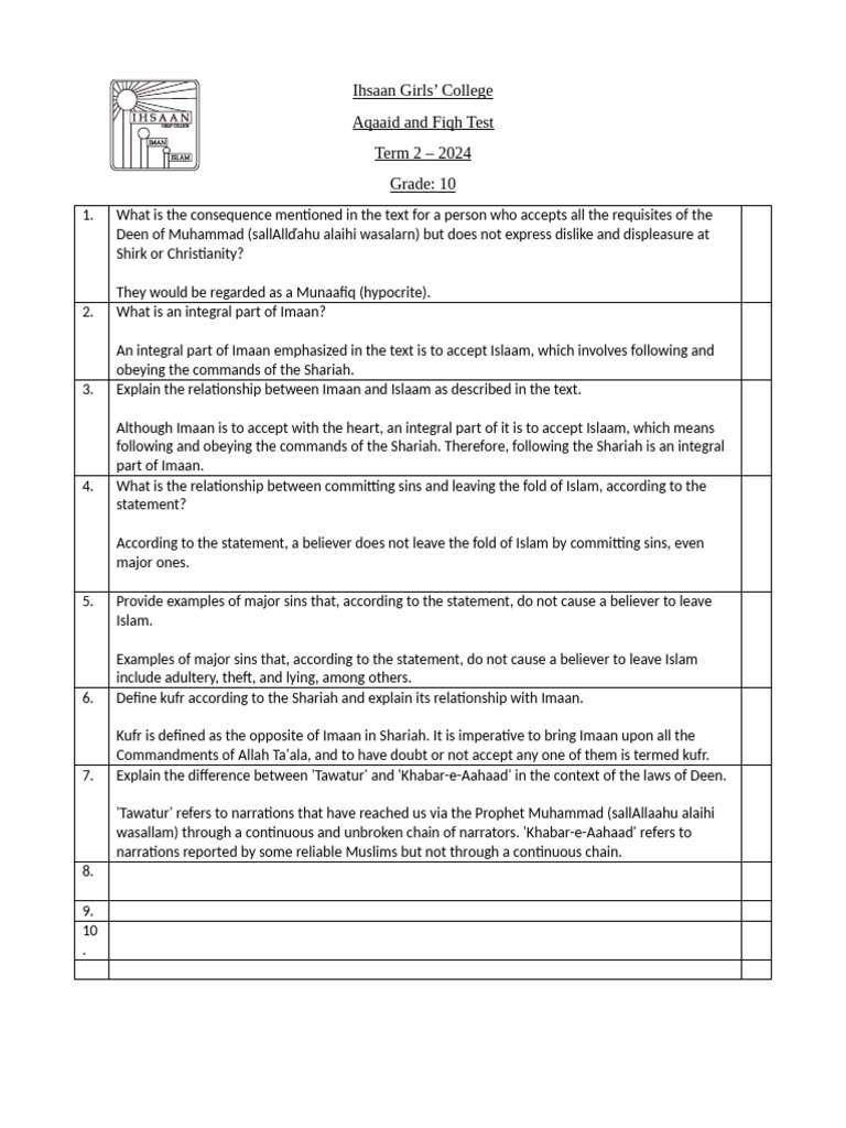 Term 2 Test | PDF | Sharia | Abrahamic Religions