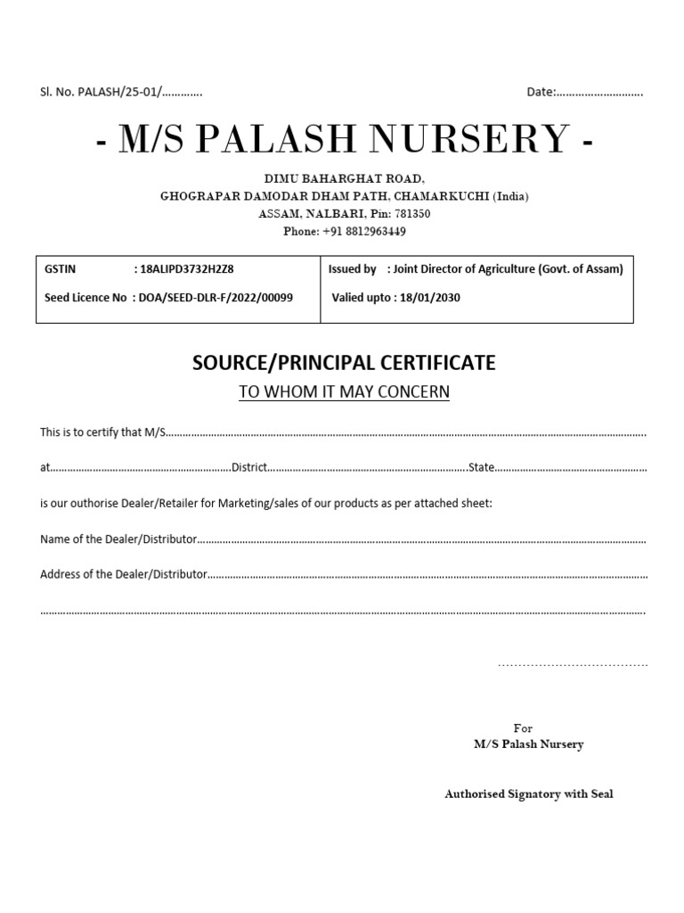 Principal Certificate for Palash Nursery | PDF