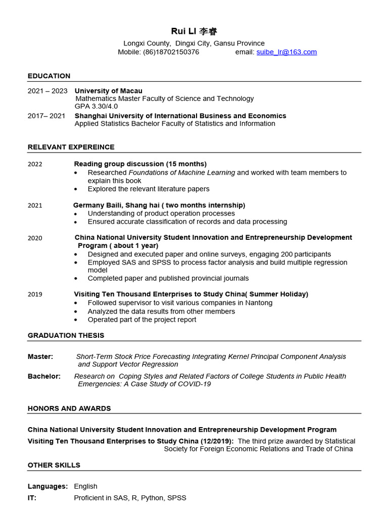 CV 231218002 81212 Miss LI RUI | PDF