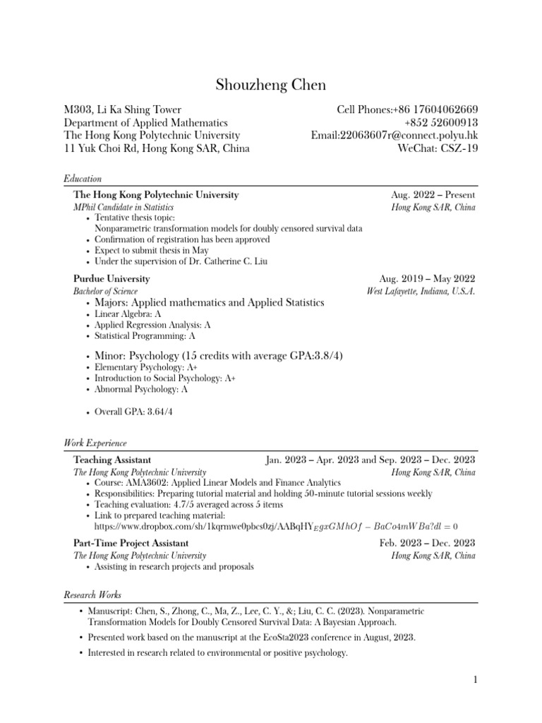 Shouzheng Chen: MPhil in Statistics Profile | PDF