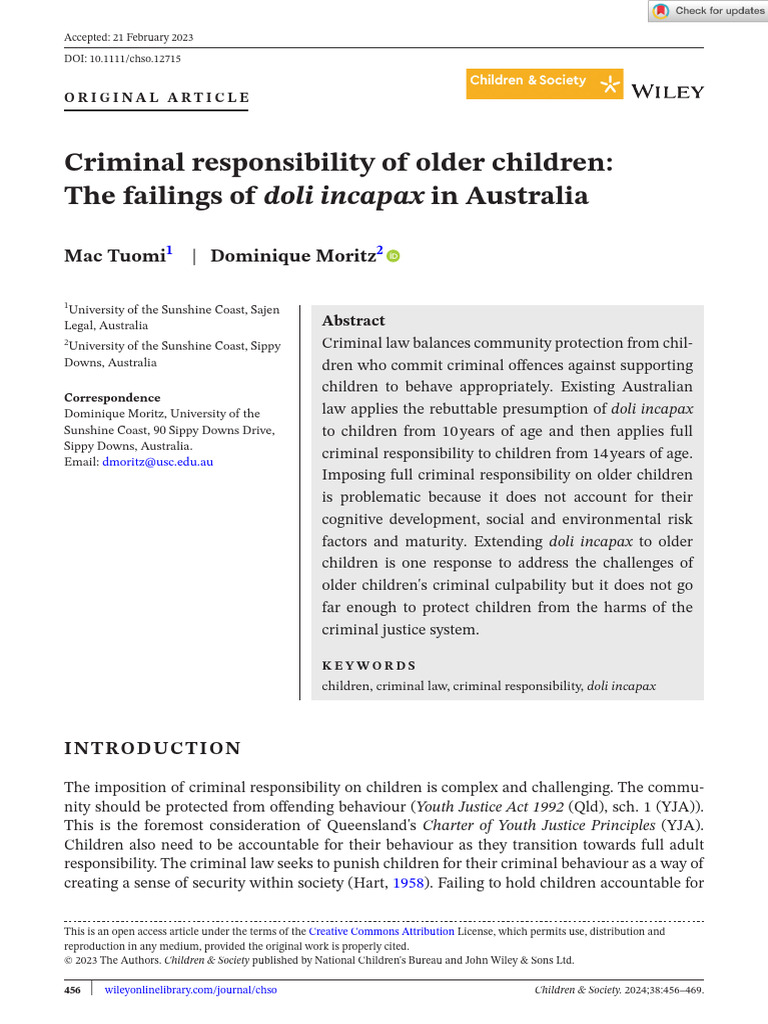 Children Society - 2023 - Tuomi - Criminal Responsibility of Older ...