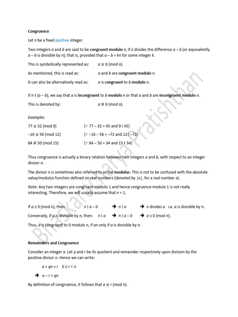 Number Theory Topic #08 Congruences Basic Properties - Study Notes ...