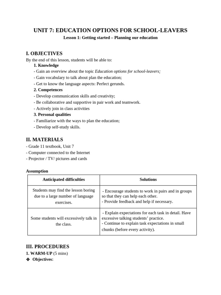 Lesson Plan Unit 7 Lesson 1 | PDF | Vocabulary | Question