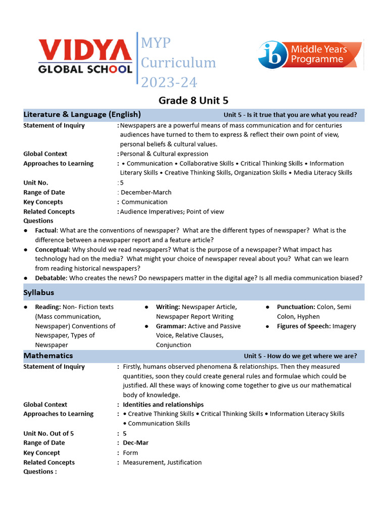 MYP Curriculum - Grade 8 (UNIT 5) | PDF | Mathematics | Thought