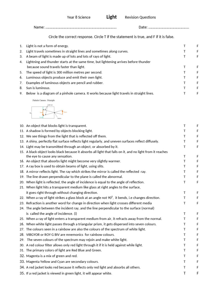 Year 8 Science Light Revision Questions 08-02-2013 | PDF | Color | Light