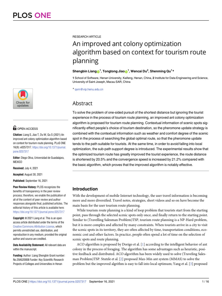An Improved Ant Colony Optimization Algorithm Based On Context For Tourism Route Planning | PDF ...