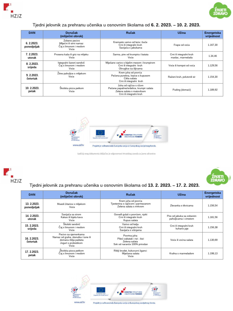 Školski Jelovnik 022023 | PDF