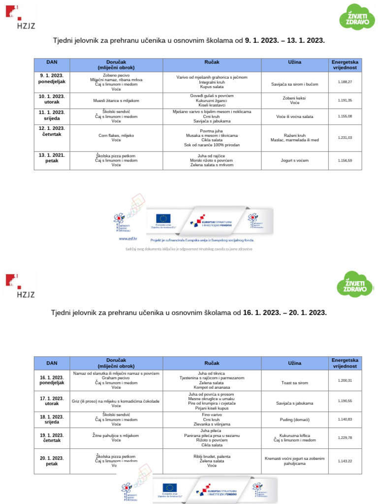 Školski Jelovnik 012023 | PDF