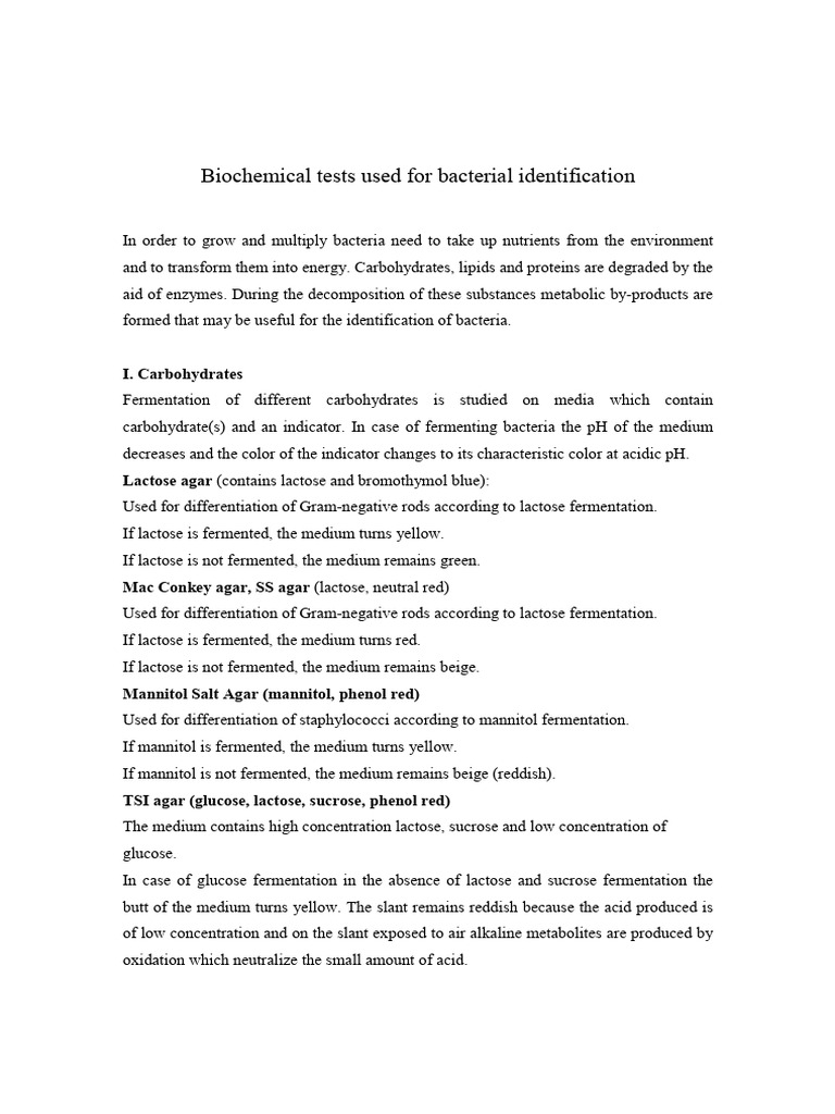 Biochemical Tests for Bacterial Identification | PDF | Fermentation ...