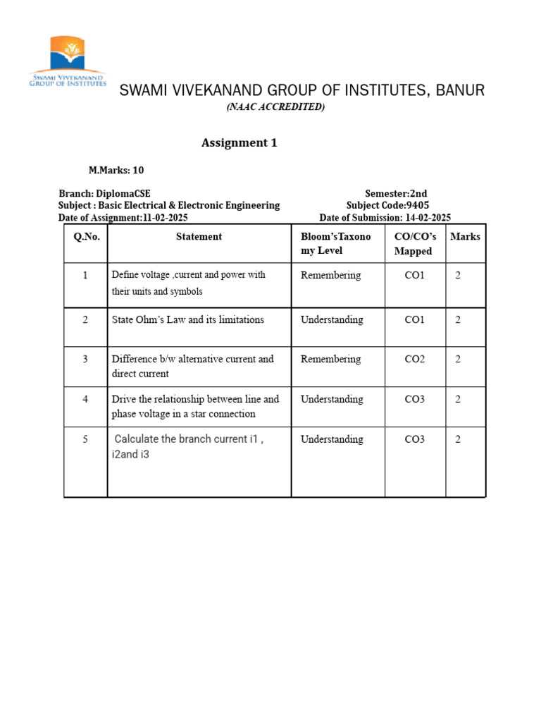 Basic Electrical Engineering Assignment | PDF