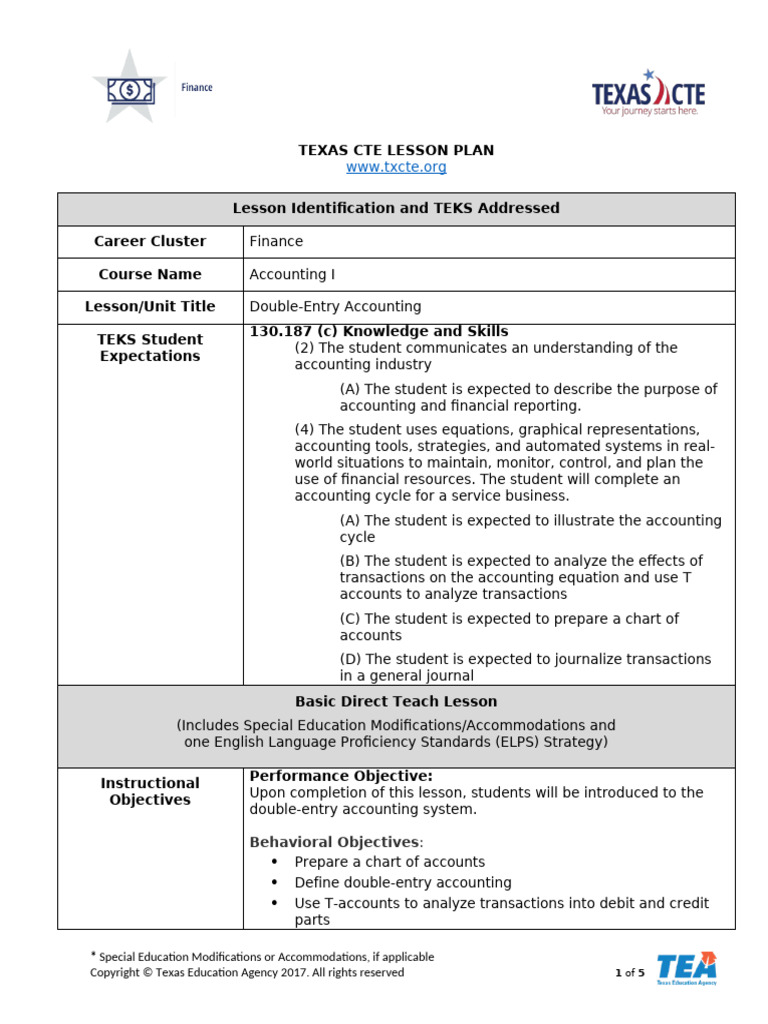 Lesson Plan Double-Entry Accounting | PDF | Debits And Credits | Learning