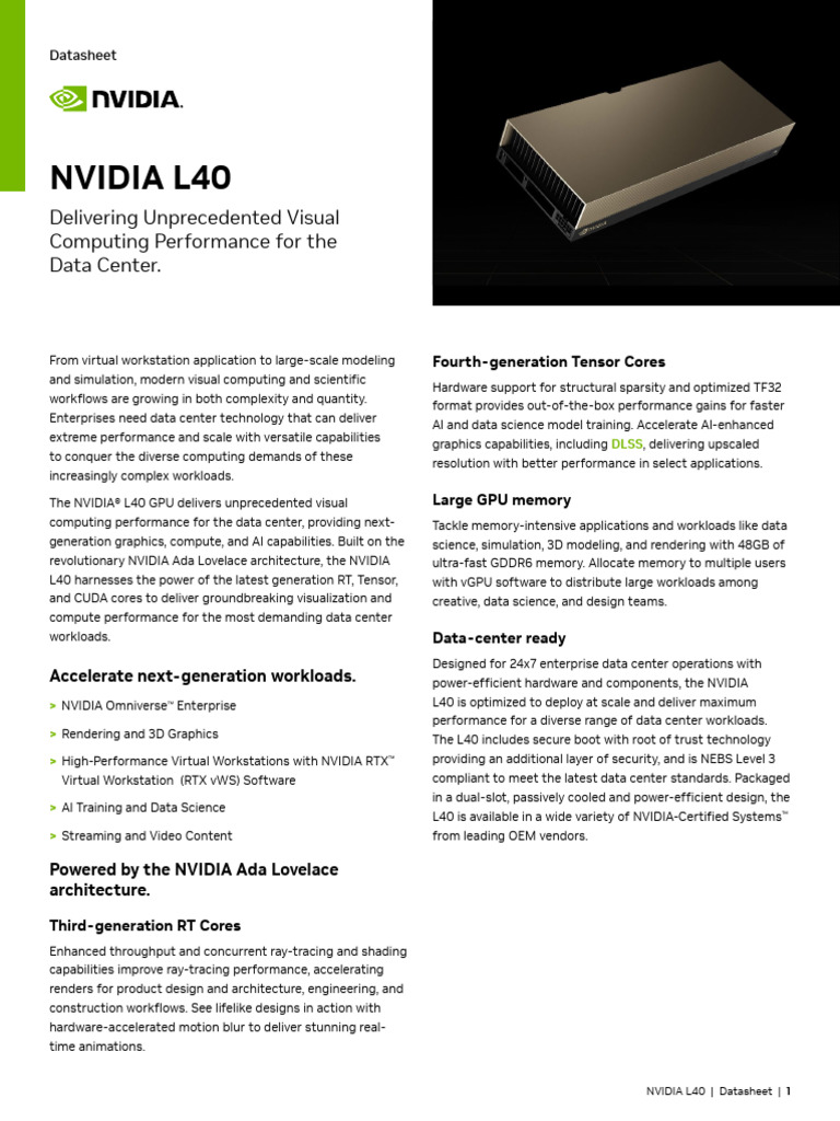 NVIDIA L40 Datasheet January 2023 | PDF | Graphics Processing Unit | Computing