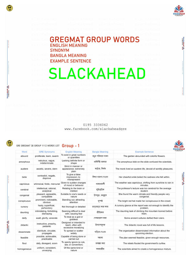 GregMat 38 Group 1112 Words - Meaning + Synonym + Bangla + Example - SlackaHead 01953336062 | PDF