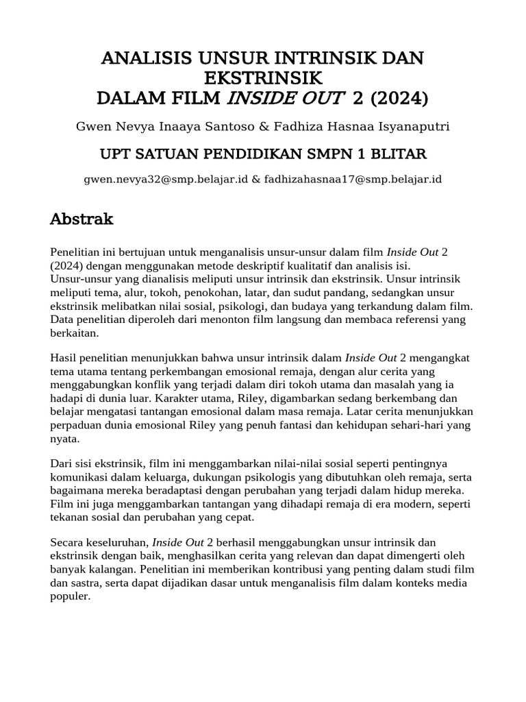 Analisis Unsur Intrinsik Dan Ekstrinsik Film Inside Out 2 | PDF