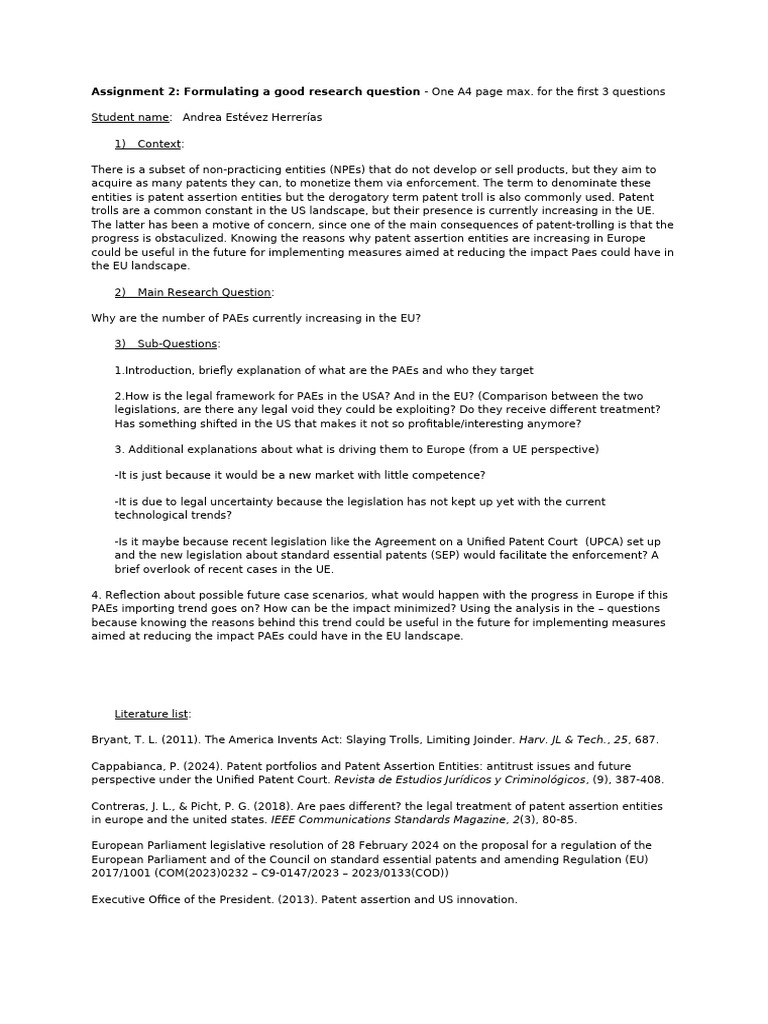 Assignment 2 Research Question Draft | PDF | Patent