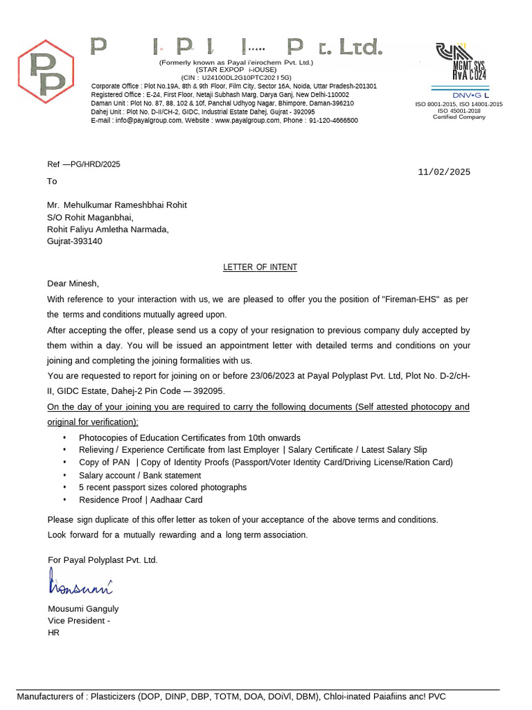 Job Offer Letter for Fireman-EHS Position | PDF | Applications Of ...