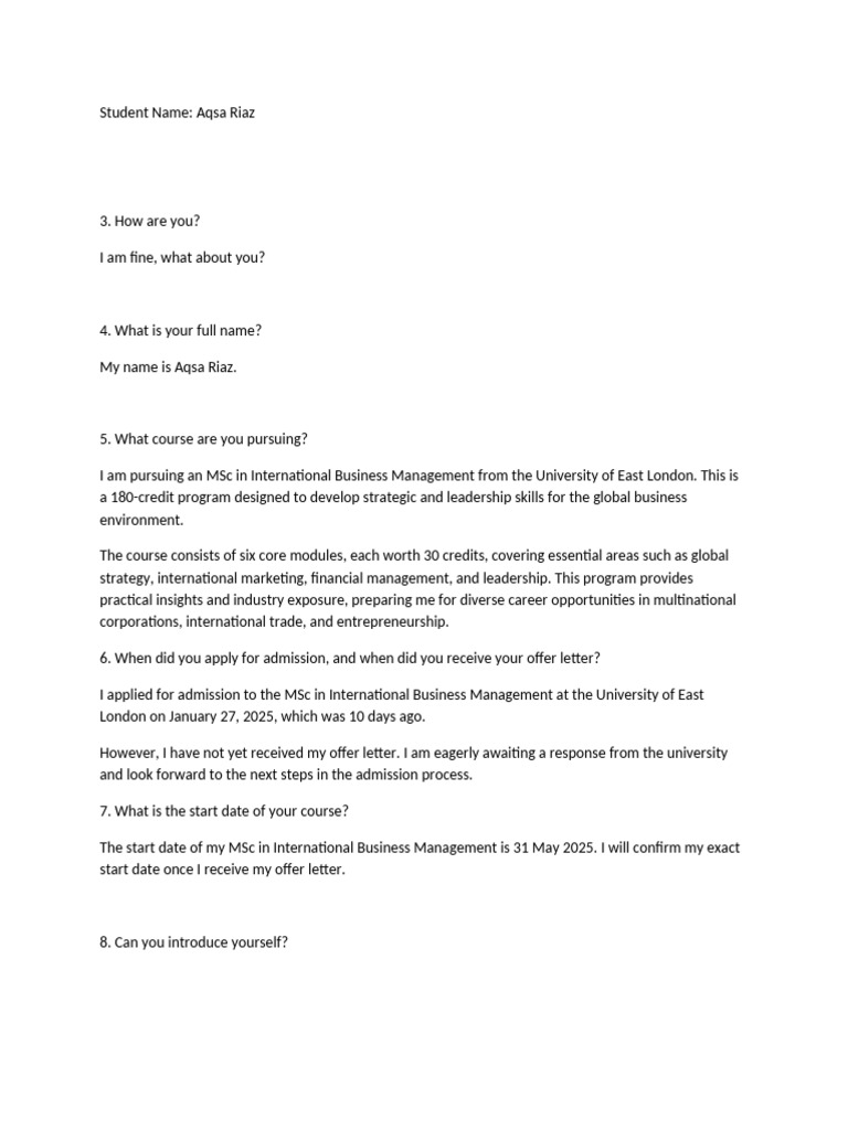 AQSA Riaz Uel Interview Prepration | PDF