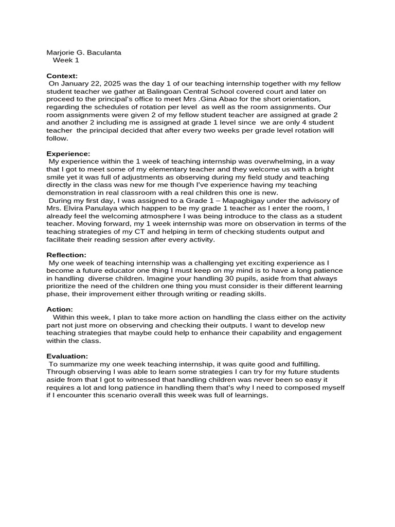 Week 1 Teaching Internship Reflection | PDF | Teachers | Teaching