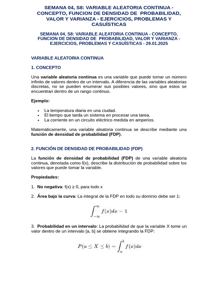 SEMANA 04, S8 - VARIABLE ALEATORIA CONTINUA - DENSIDAD DE PROBABILIDAD - 29.01.2025 OK | PDF ...