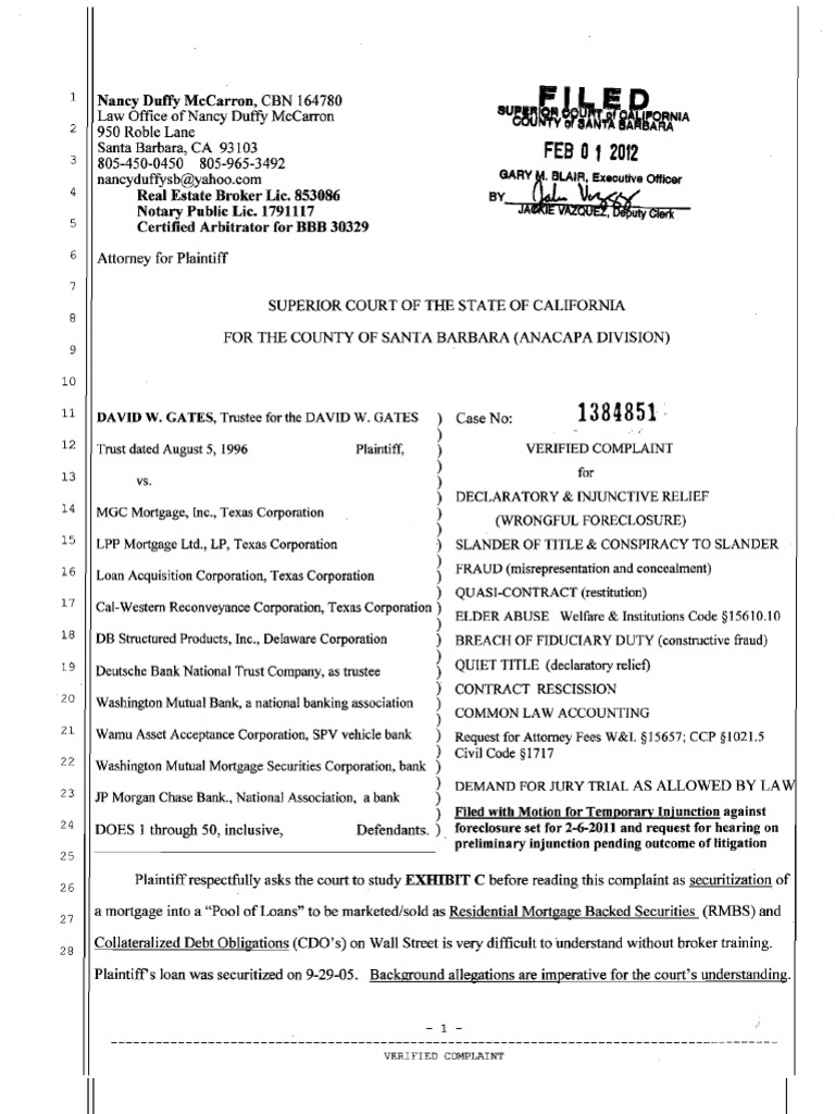 Verified Complaint | PDF | Washington Mutual | Foreclosure