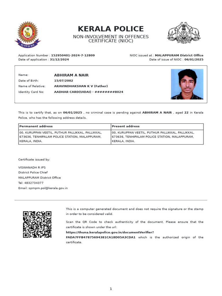 Kerala Police: Non-Involvement in Offences Certificate (Nioc) | PDF