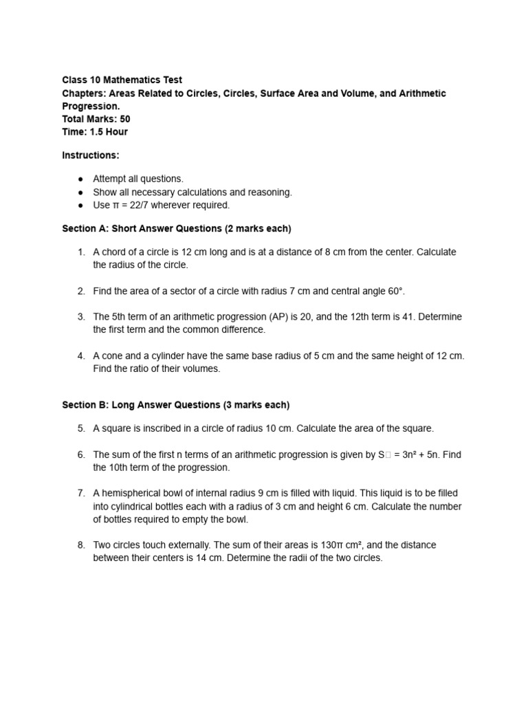 Class 10 Mathematics Test | PDF | Area | Sphere