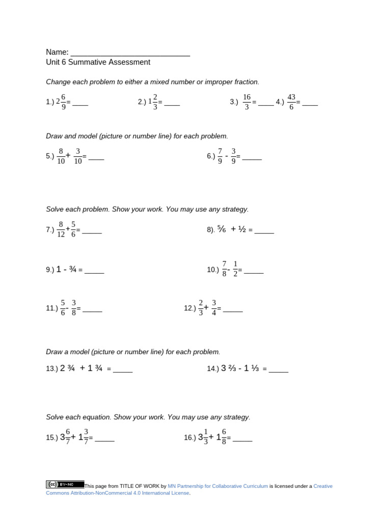 Unit 6 Summative Assessment - Add/Subtract Fractions | PDF ...