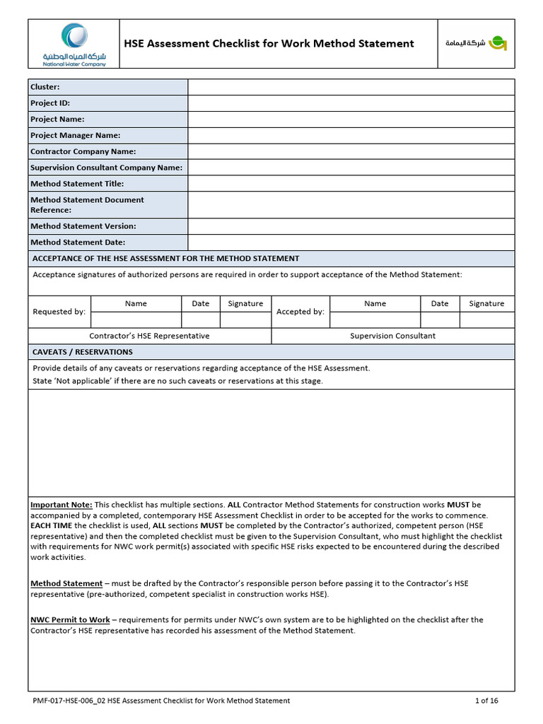 PMF-017-HSE-006 - 02 HSE Assessment Checklist For Work Method Statement | PDF | Occupational ...