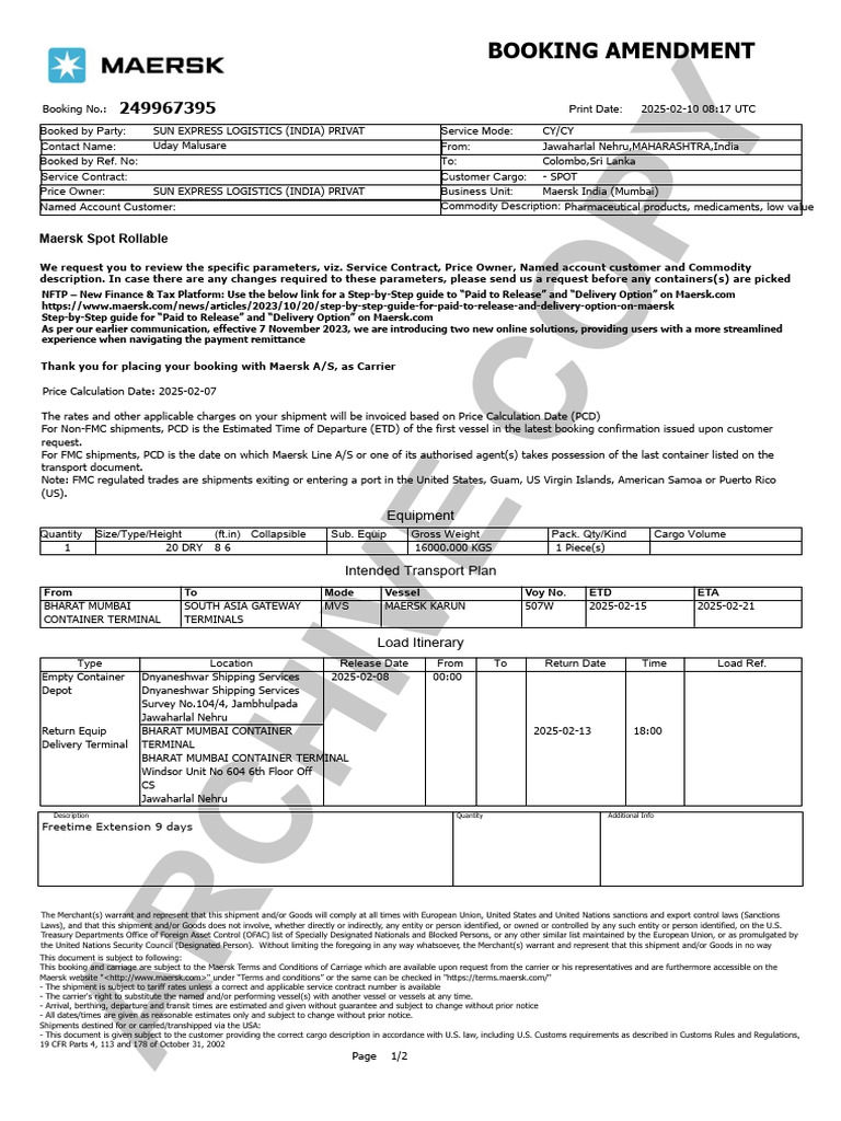 Booking Amendment for Maersk Shipment | PDF | Cargo | Freight Transport