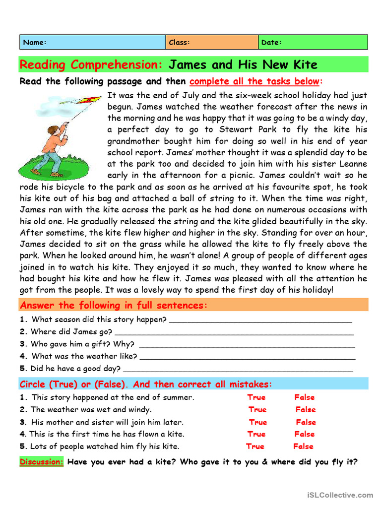 Reading Comprehension - James & His New Kite | PDF | Kite