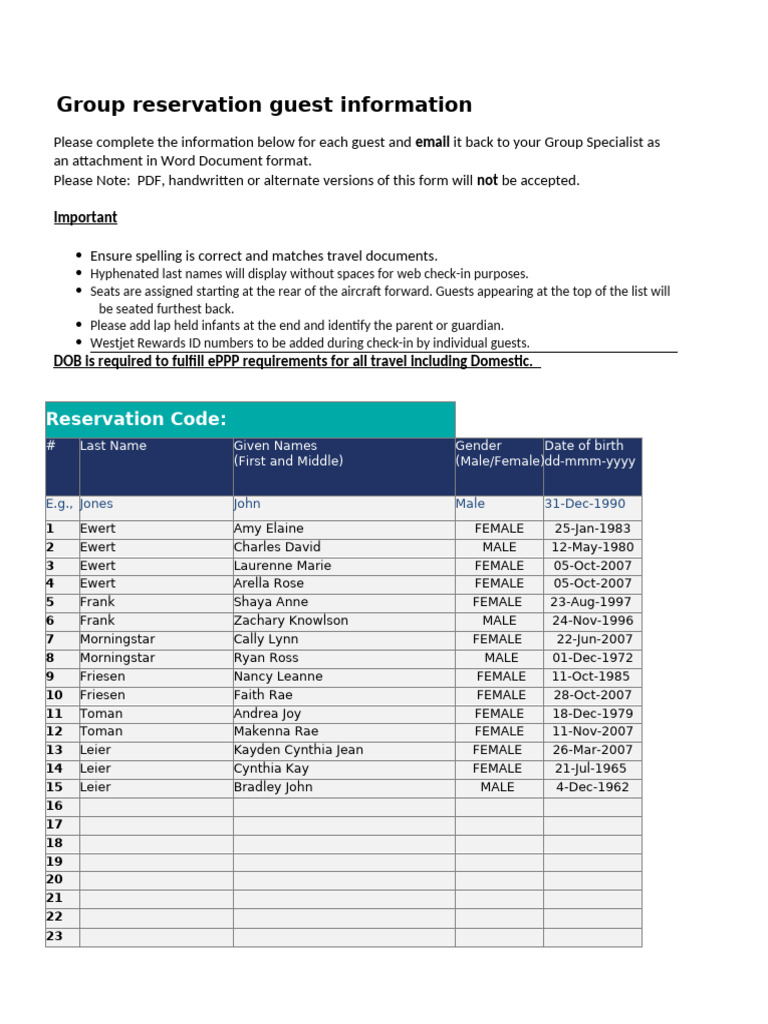 Group Reservation Guest Form Instructions | PDF
