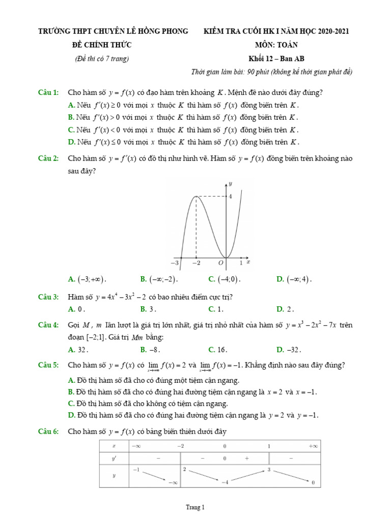 De-Thi-Hk1-Toan-12-Nam-2020-2021-Truong-Chuyen-Le-Hong-Phong-Tp-Hcm (PDF - Io) | PDF